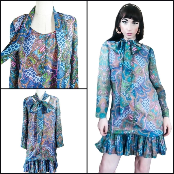 Vintage | Dresses | Vintage 96s Paisley Drop Waist Pussybow Flapper ...